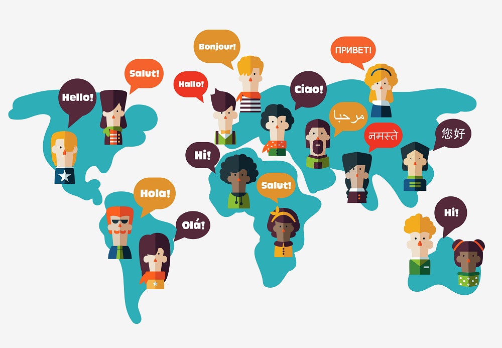 Set of social people on World map with speech bubbles in different ...